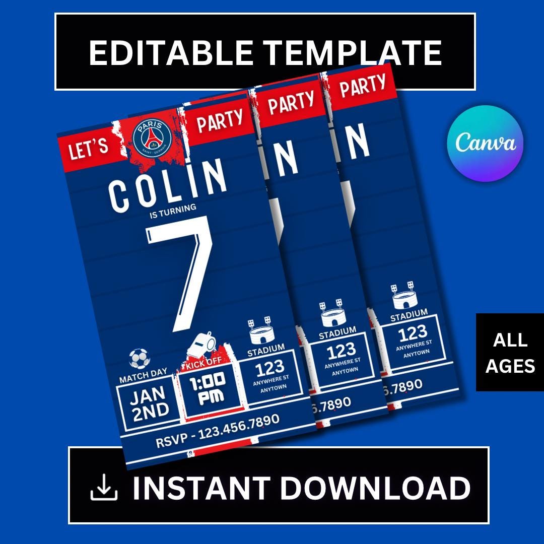 Editable Soccer Birthday Invitation | PSG Football Club Theme | Instant ...