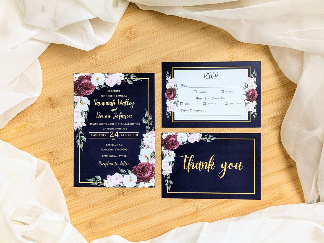 Classic Elegance, Burgundy & Navy Wedding Invitation Suite Template ...