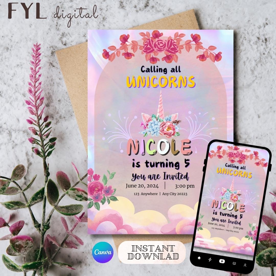 Editable Birthday Invitation Template, Unicorn Birthday Card, Editable ...