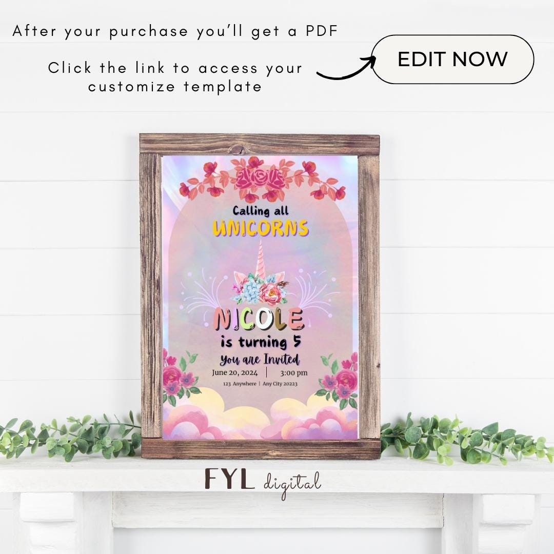 Editable Birthday Invitation Template, Unicorn Birthday Card, Editable ...