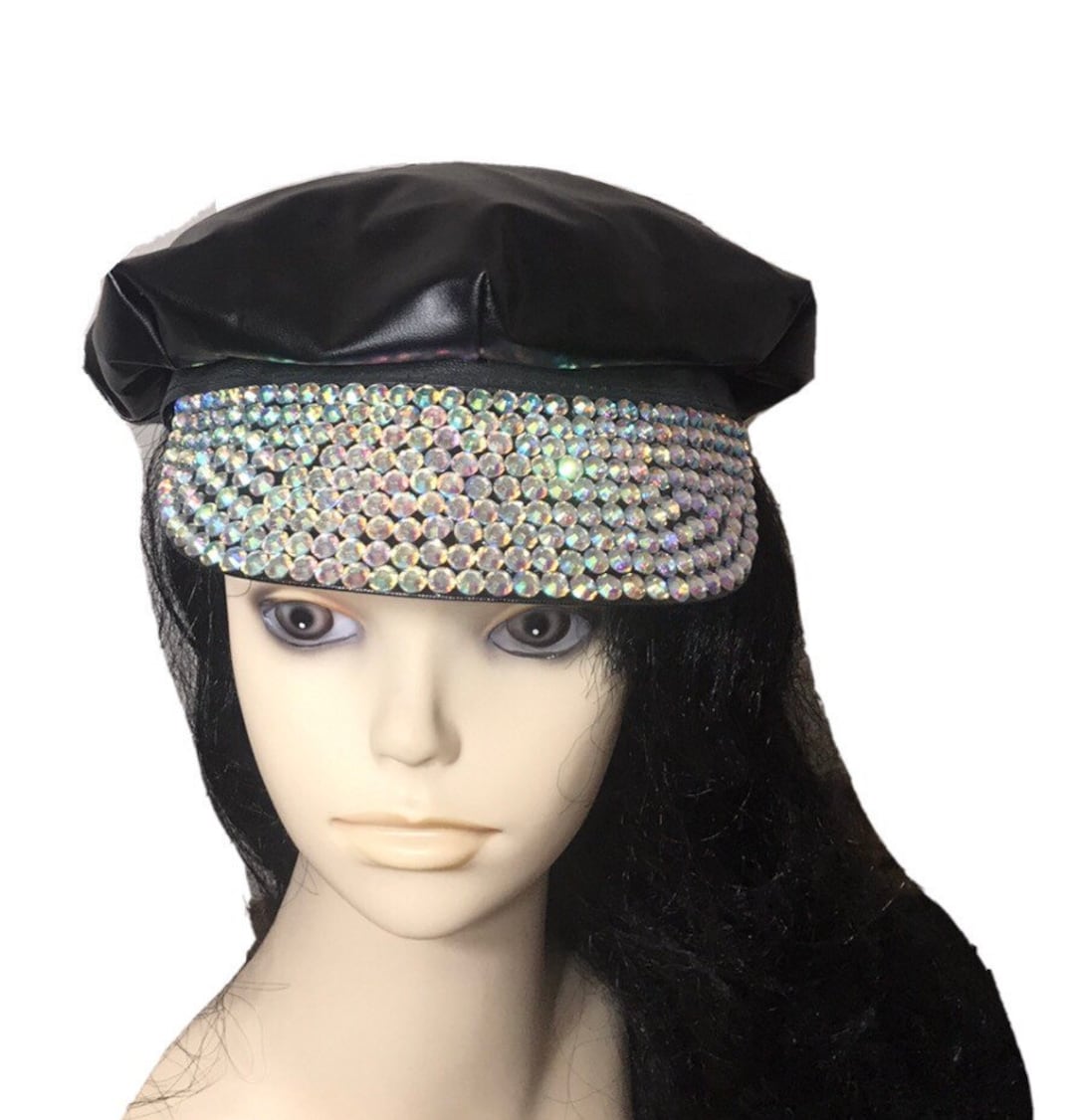 Black Hat With Rhinestone Embellished Bill, One Size - Etsy