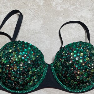 Black Bra Embellished With Green Acrylic and AB Jelly Rhinestones 34DD ...