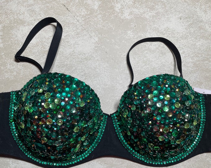 Black Bra Embellished With Green Acrylic and AB Jelly Rhinestones ...