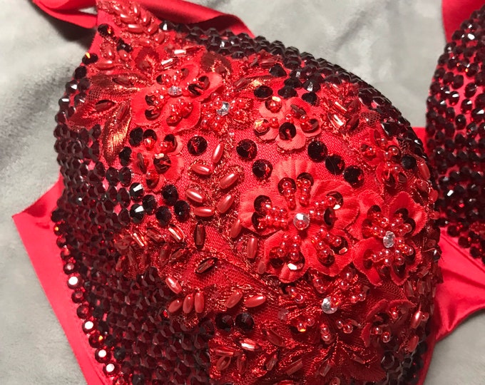 Red Floral Sequin and Dark Red Rhinestone Embellished Burlesque Bra Top ...