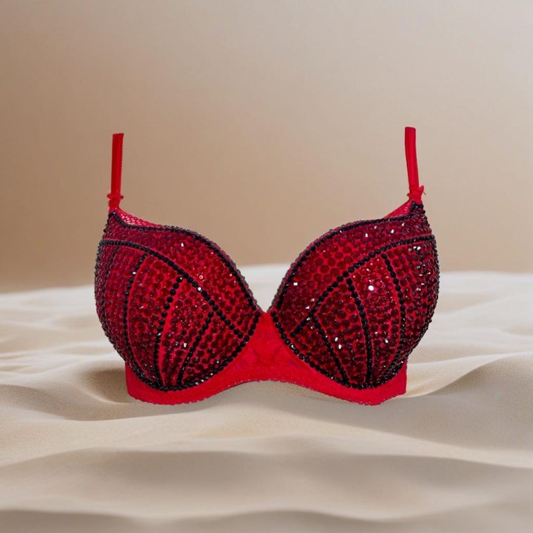 Red Lace Balconette Bra With Rhinestone Accents Eve's Temptation Size ...