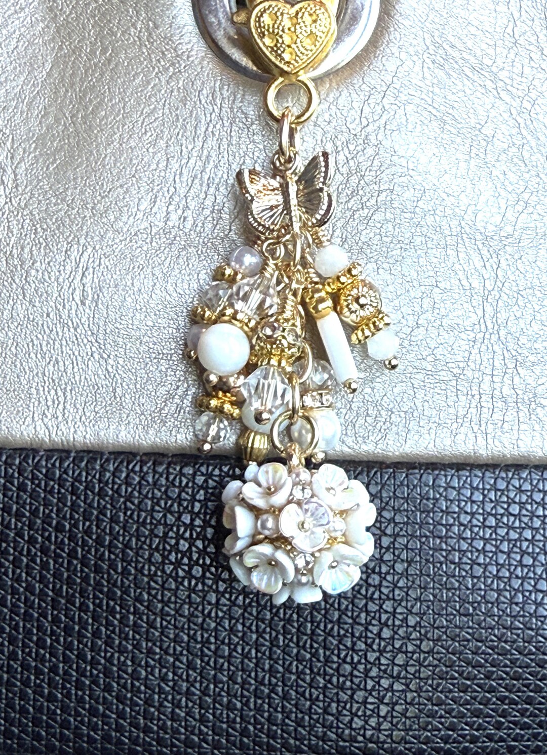 White Flower Bouquet Charm: River Shell Beads, Glass Beads, Faux Pearls ...