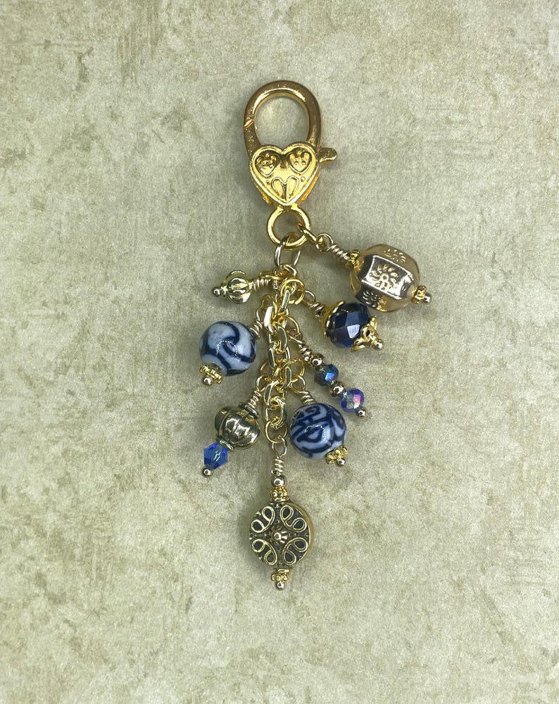 Asian Purse Charm: Blue Ceramic Beads, Gold Heart Clasp. Asian ...
