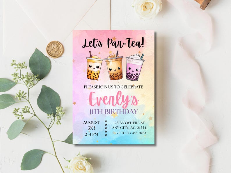 Boba Tea Birthday Party Invitation, Bubble Tea Theme Invite, Girls Par ...