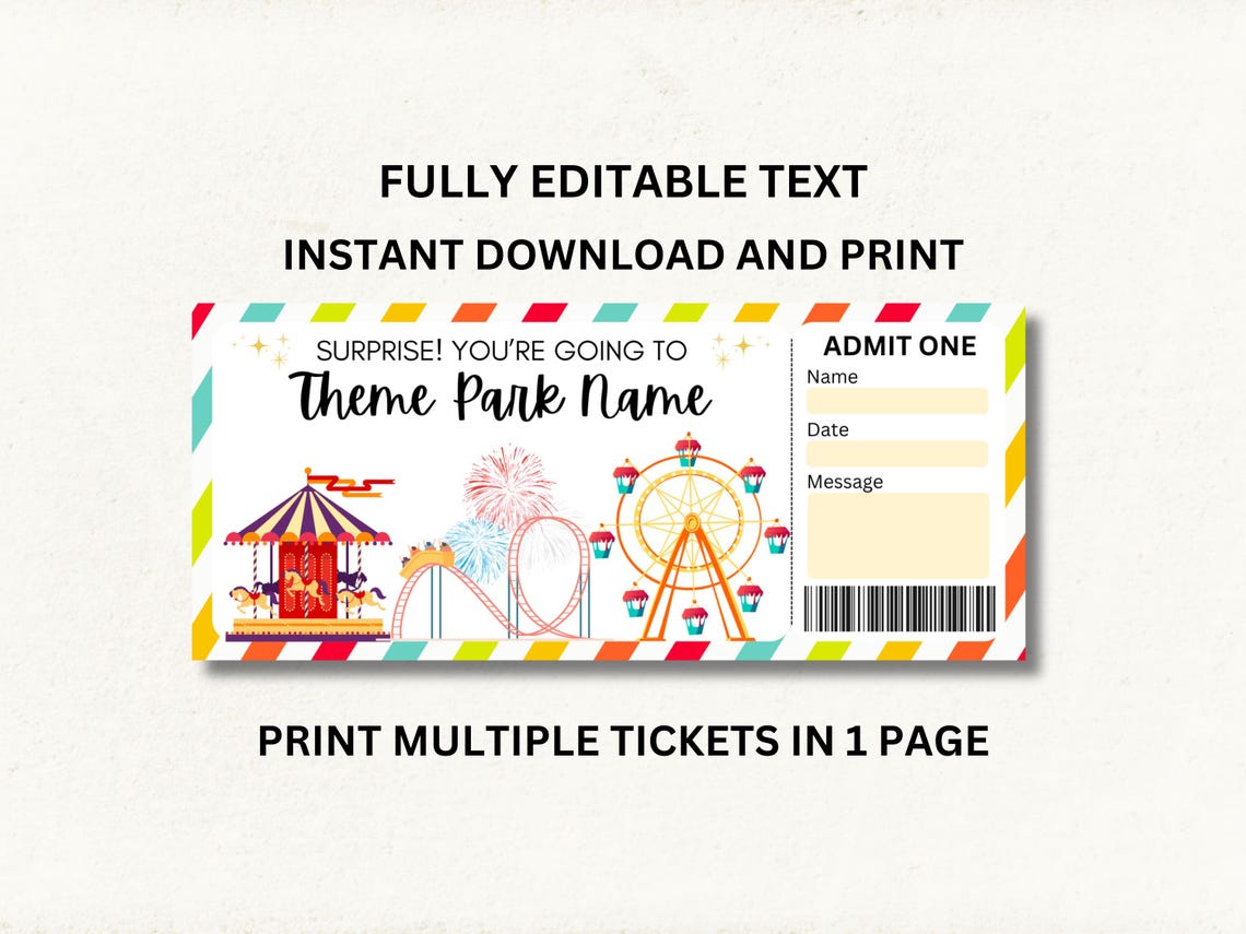 Editable Theme Park Ticket, Amusement Park Admission, Surprise Gift ...