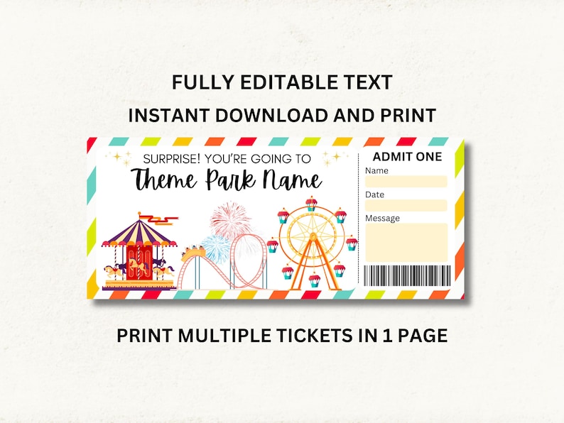 Editable Theme Park Ticket, Amusement Park Admission, Surprise Gift ...