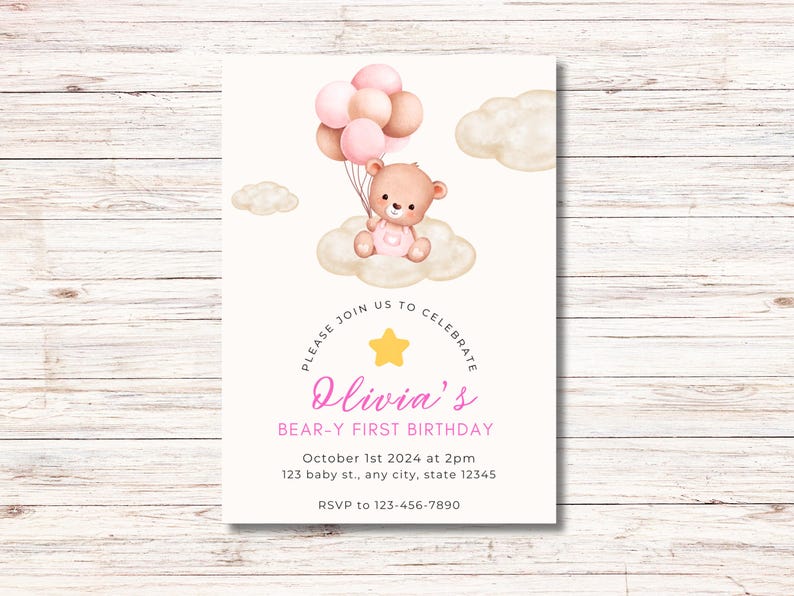 Beary Girl Birthday Invitation, Baby Birthday Invite, Teddy Bear ...
