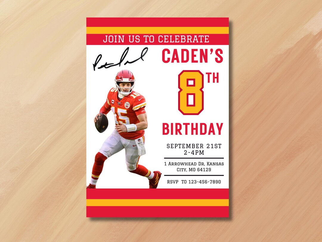 Patrick Mahomes Birthday Invitation, Kansas City Chiefs Quarterback ...