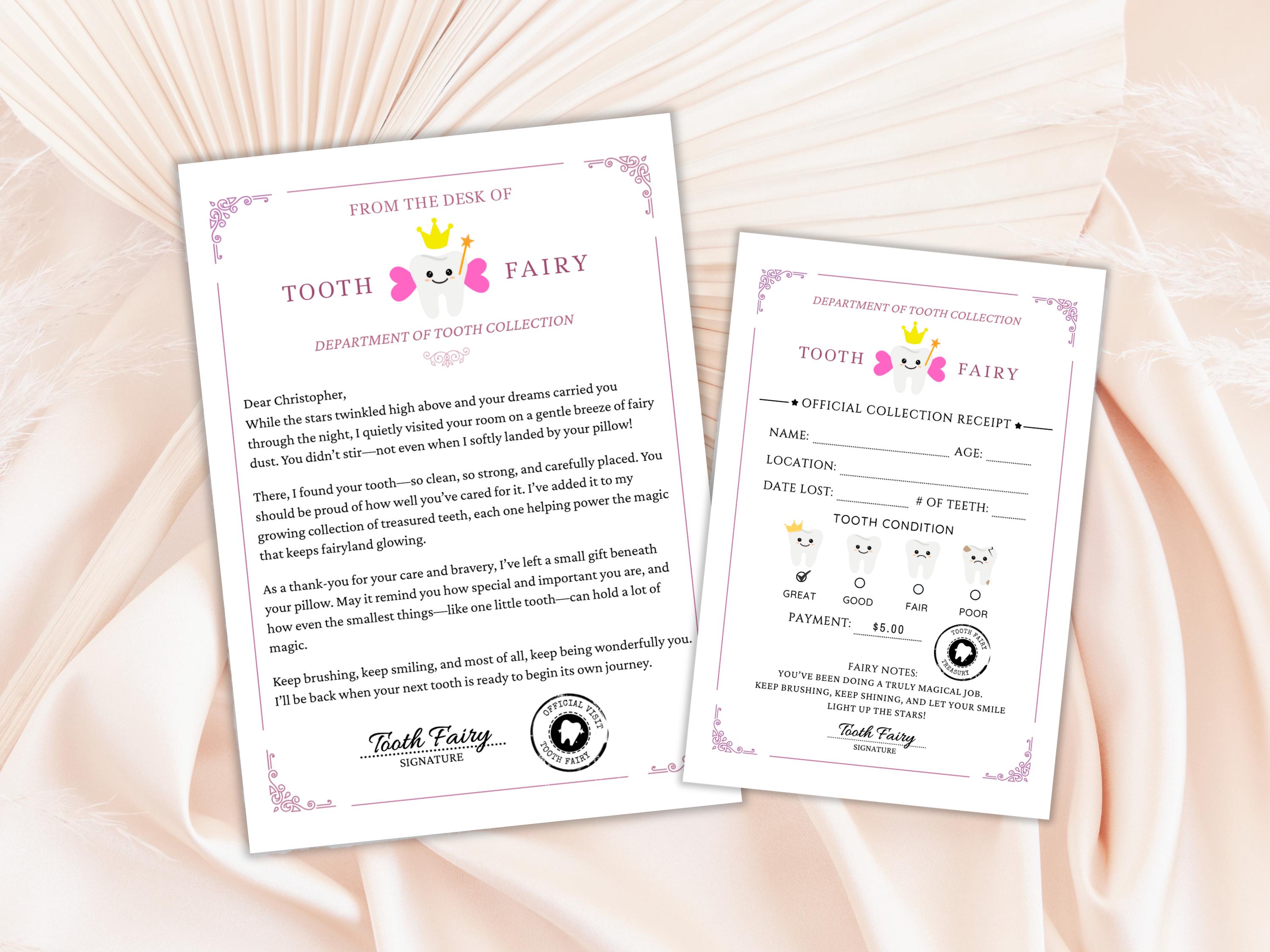Tooth Fairy Letter and Receipt, Tooth Fairy Collection Receipt, Pink ...
