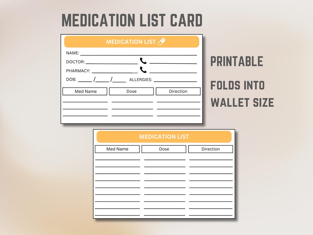 Medication List Card, Wallet Card, Pocket-sized Medication Organizer ...