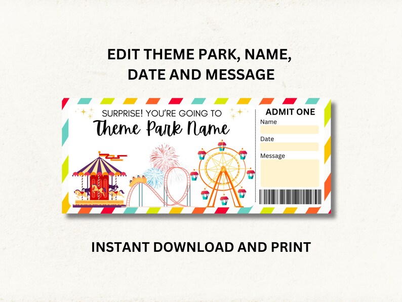 Editable Theme Park Ticket, Amusement Park Admission, Surprise Gift ...