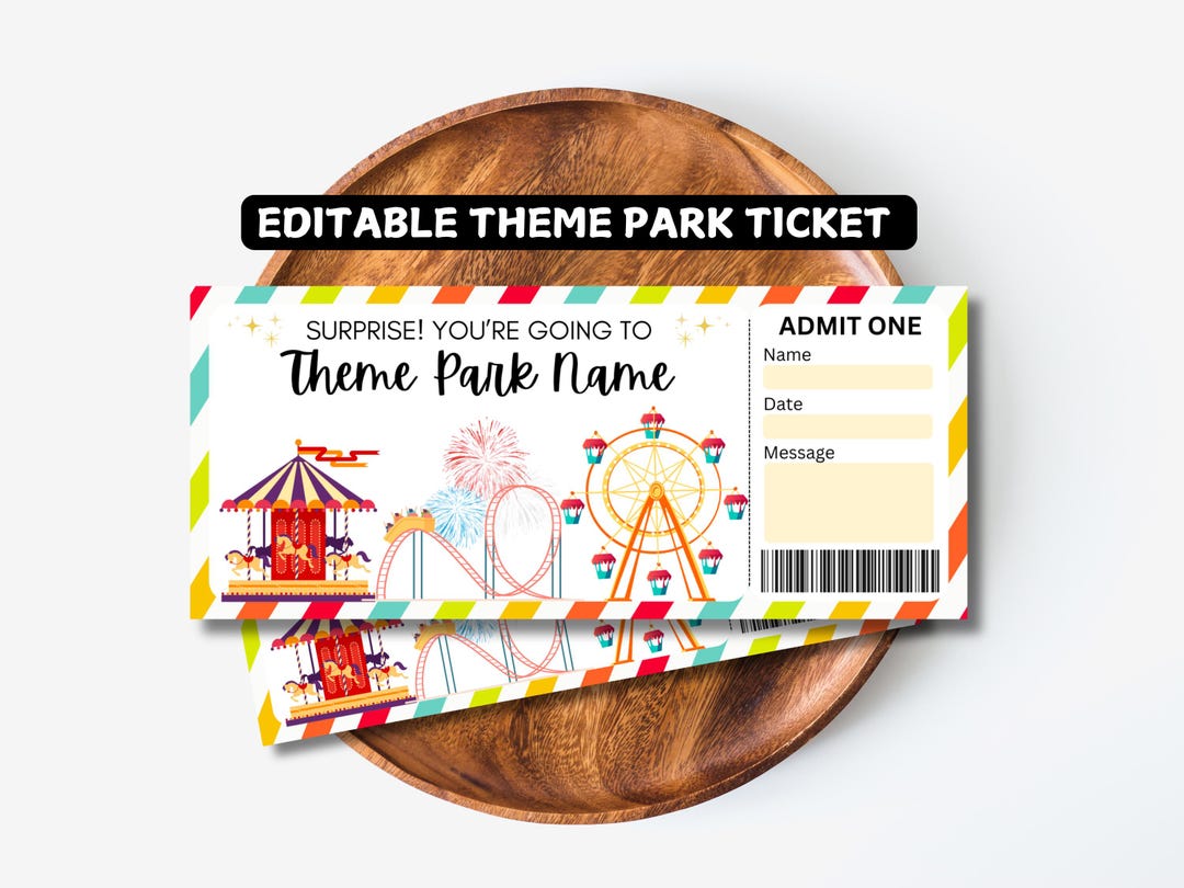 Editable Theme Park Ticket, Amusement Park Admission, Surprise Gift ...
