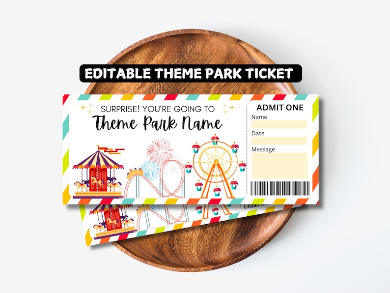 Editable Theme Park Ticket, Amusement Park Admission, Surprise Gift ...