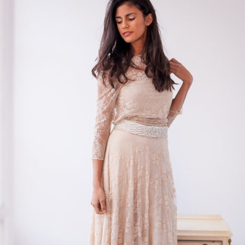 Long Sleeve Overdress Beige Lace Dress Golden Lace Overdress | Etsy