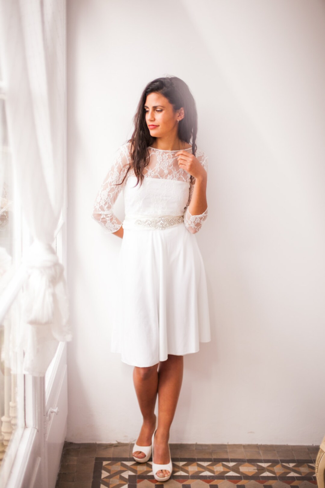 Short Wedding Dress With Sleeves, Lace Wedding Reception Dress, White ...