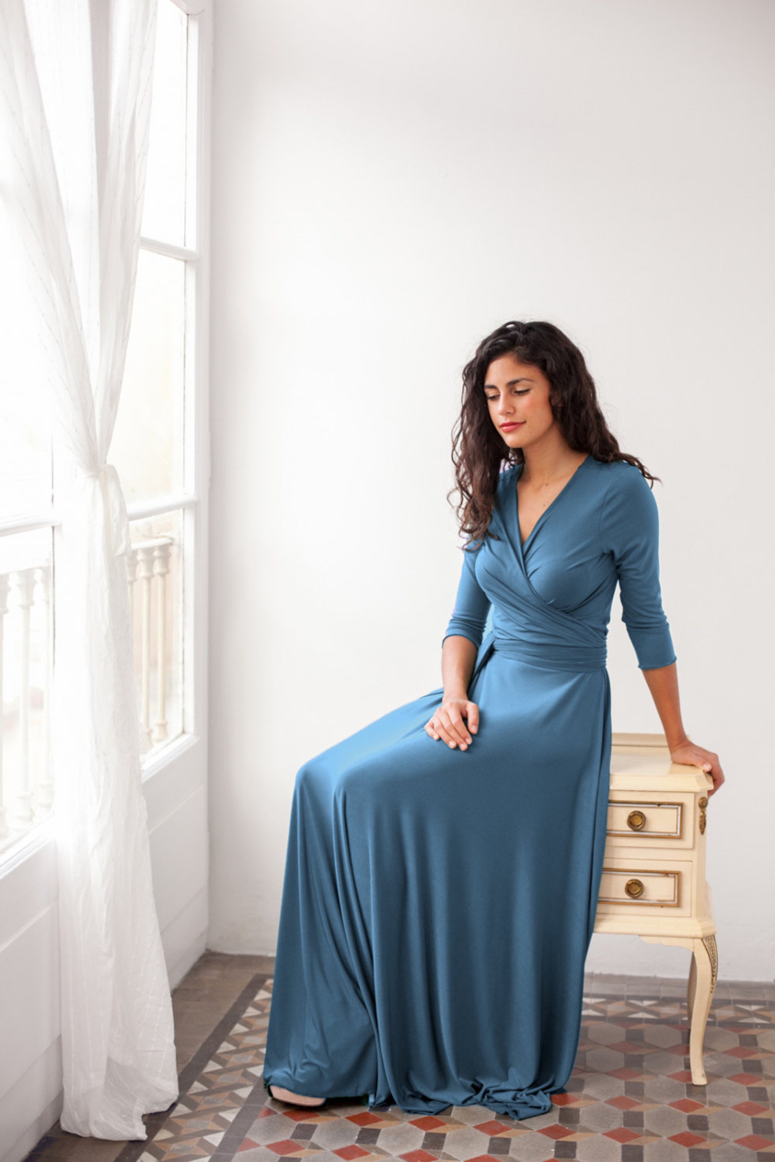 Long Sleeve Prom Dress, Evening Dress, Indigo Blue Dress With Sleeves ...