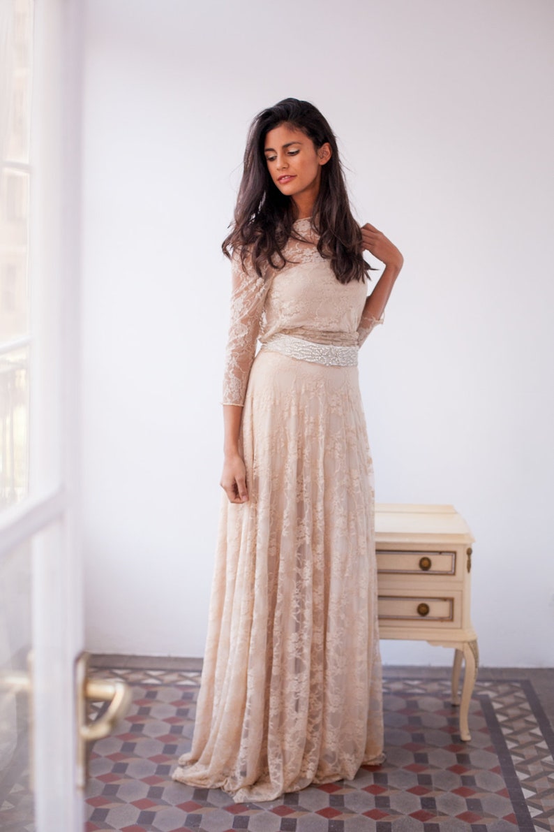 Long Sleeve Overdress Beige Lace Dress Golden Lace Overdress, Beige ...