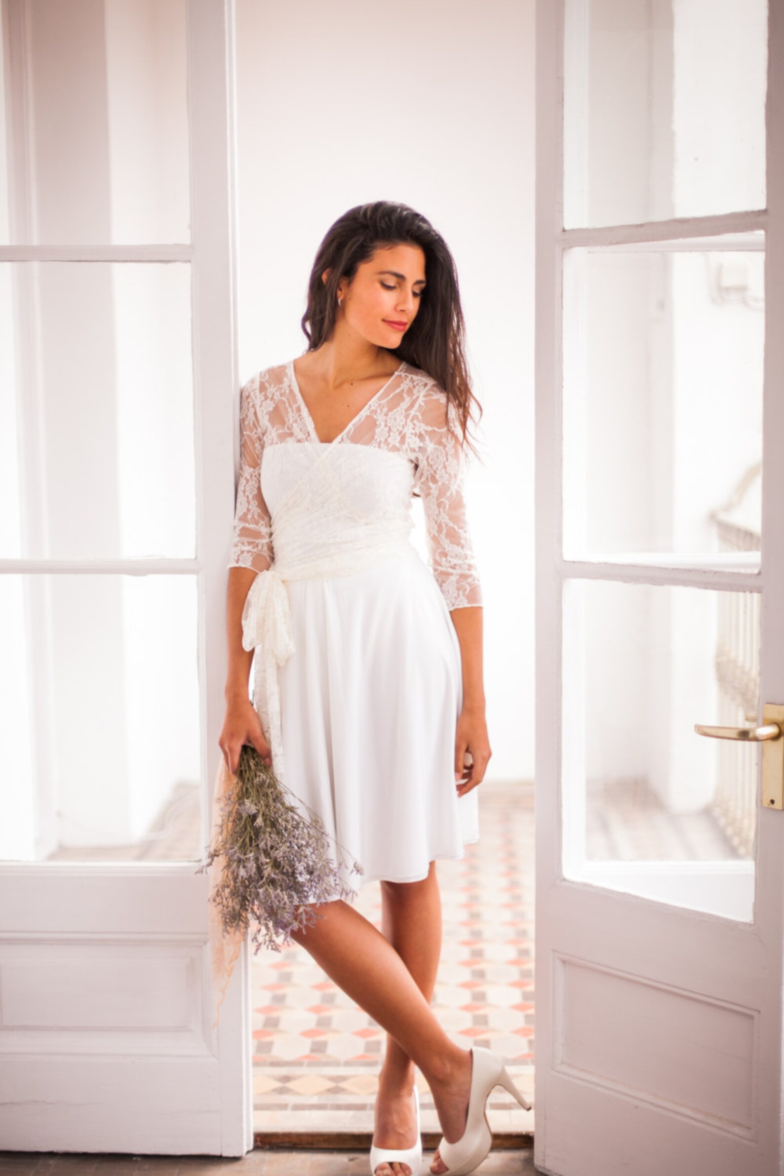 Short Wedding Dress With Sleeves, Lace Wedding Reception Dress, White ...
