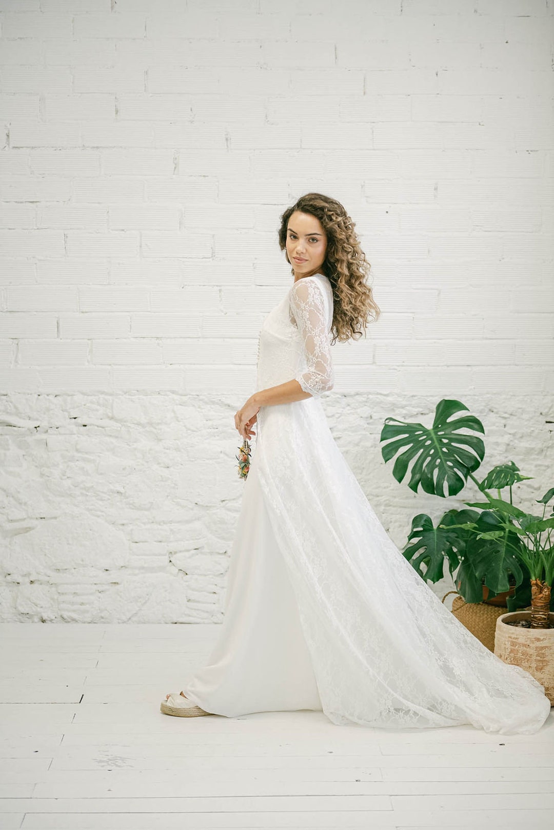Romantic Lace Wedding Dress, Boho Bridal Gown With Bolero Jacket, Ivory ...