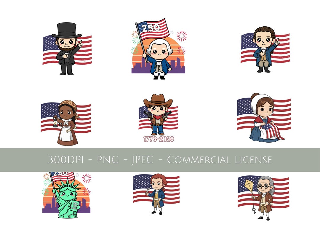 USA 250th Anniversary Clipart – Patriotic Cartoon Characters (PNG ...