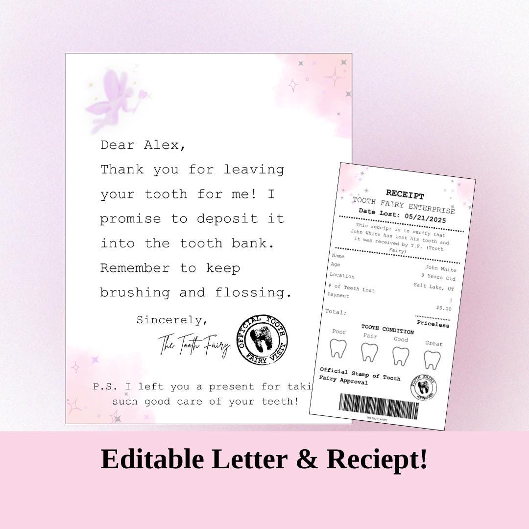 Tooth Fairy Receipt and Letter Cute Kids Tooth Fairy Letter Editable ...