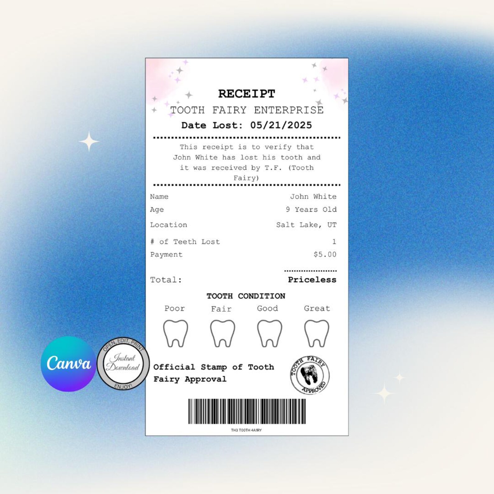 Tooth Fairy Receipt Cute Magical Certificate Printable Editable Kids ...