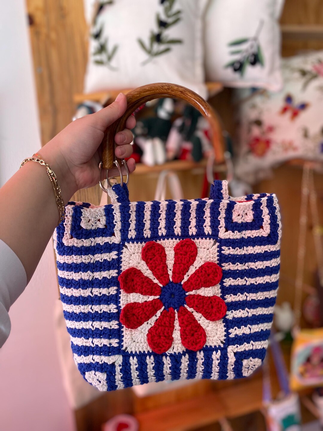 Handmade Crochet Bag With Red Flower, Colorful Macrame Purse With ...