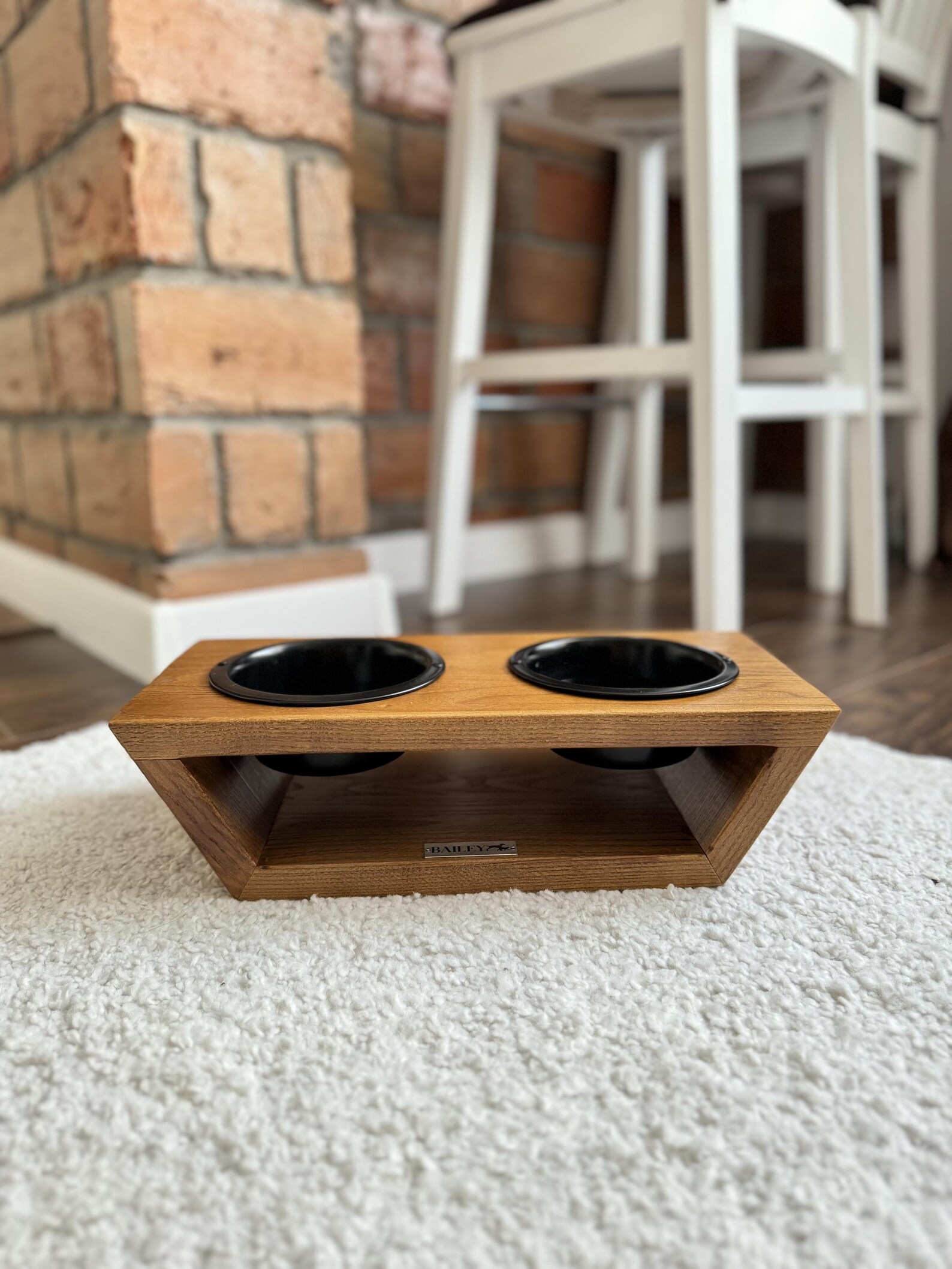 Oak Wood Dog Feeding Table, Elevated Cat Bowl, Minimalist Station With ...