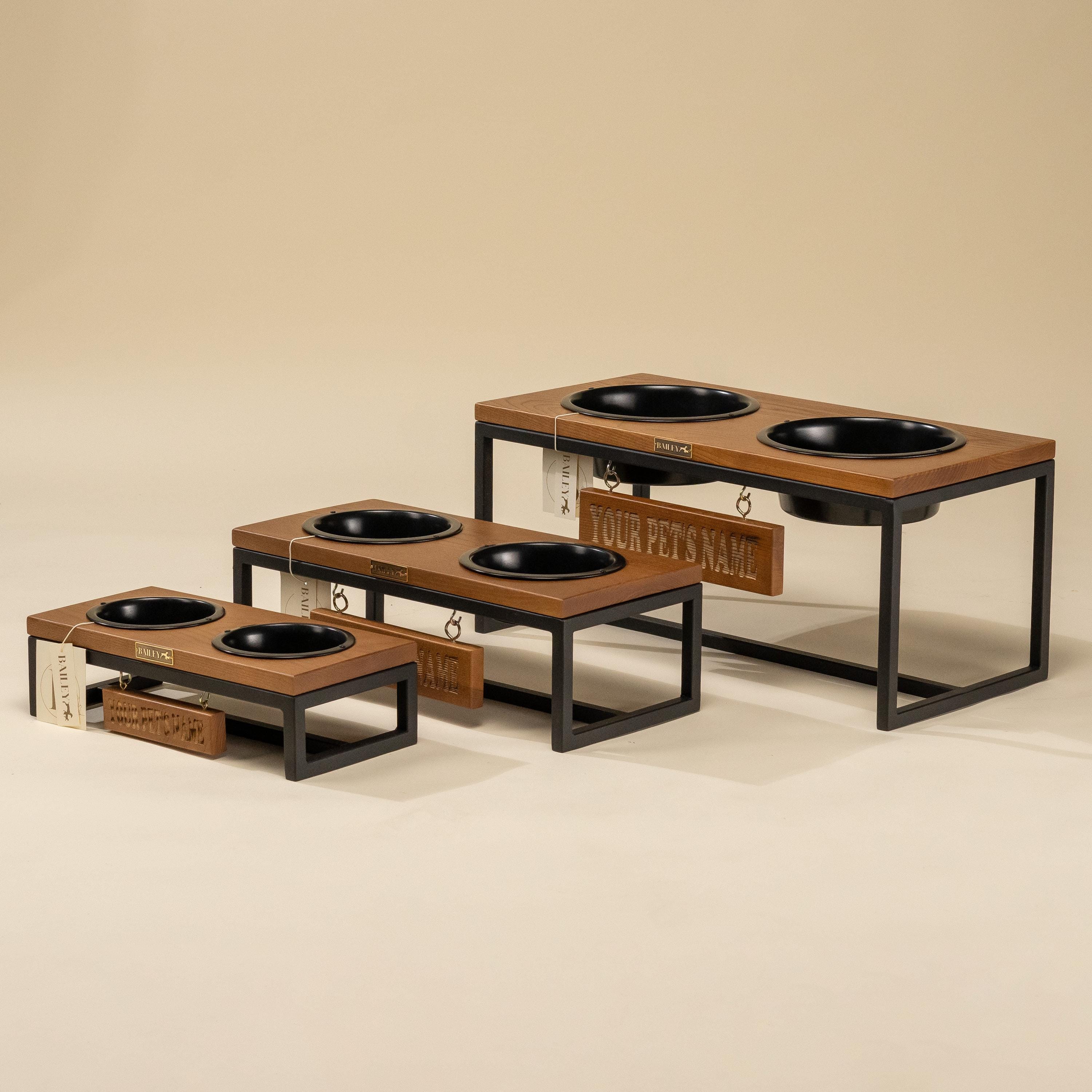 Engraved Black Wooden Pet Feeder, Metal Bowl Stand for Large Dogs ...