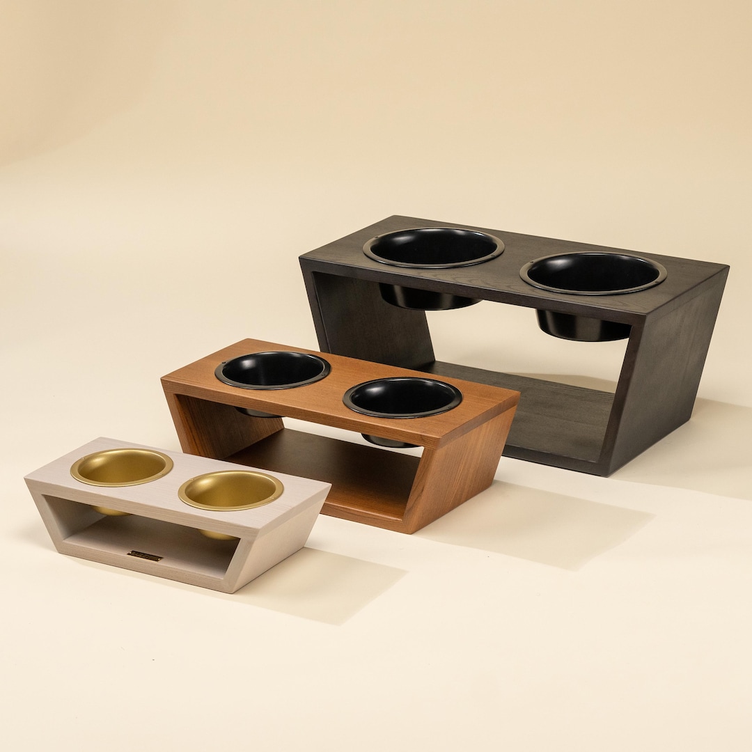 Oak Wood Dog Feeding Table, Elevated Cat Bowl, Minimalist Station With ...
