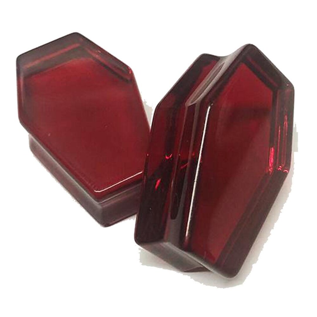 Pair of Blood Red Coffin Glass Saddle Plug Double Flare Ear Lobe Plugs ...