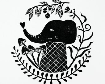 Hand Stamped Original Block Print of an Elephant With Plants on Fabric ...