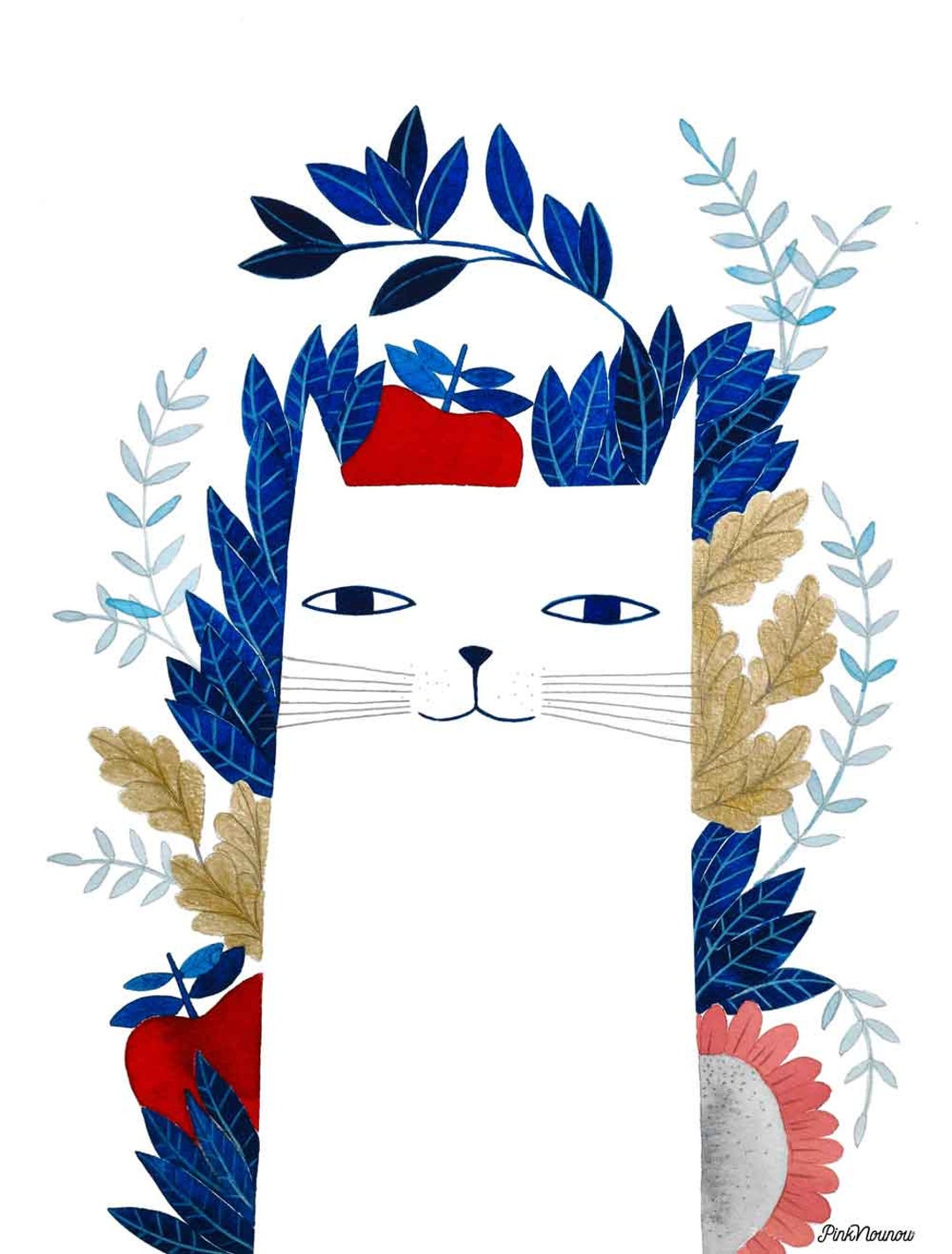 White Cat With Indigo Blue & Red Leaves Apples and Flowers Wall Art ...