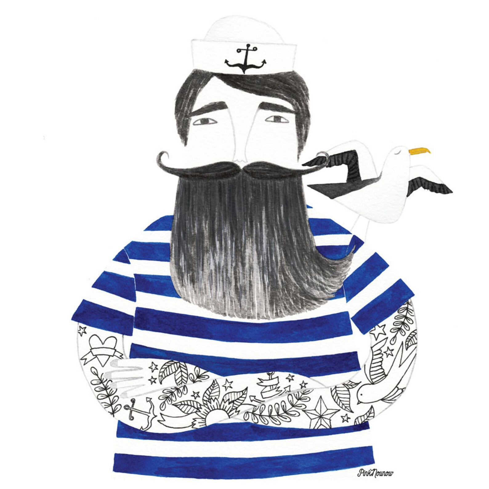 Sailor Portrait Tattoo Man in Indigo Stripes Nautical Wall Art Poster ...