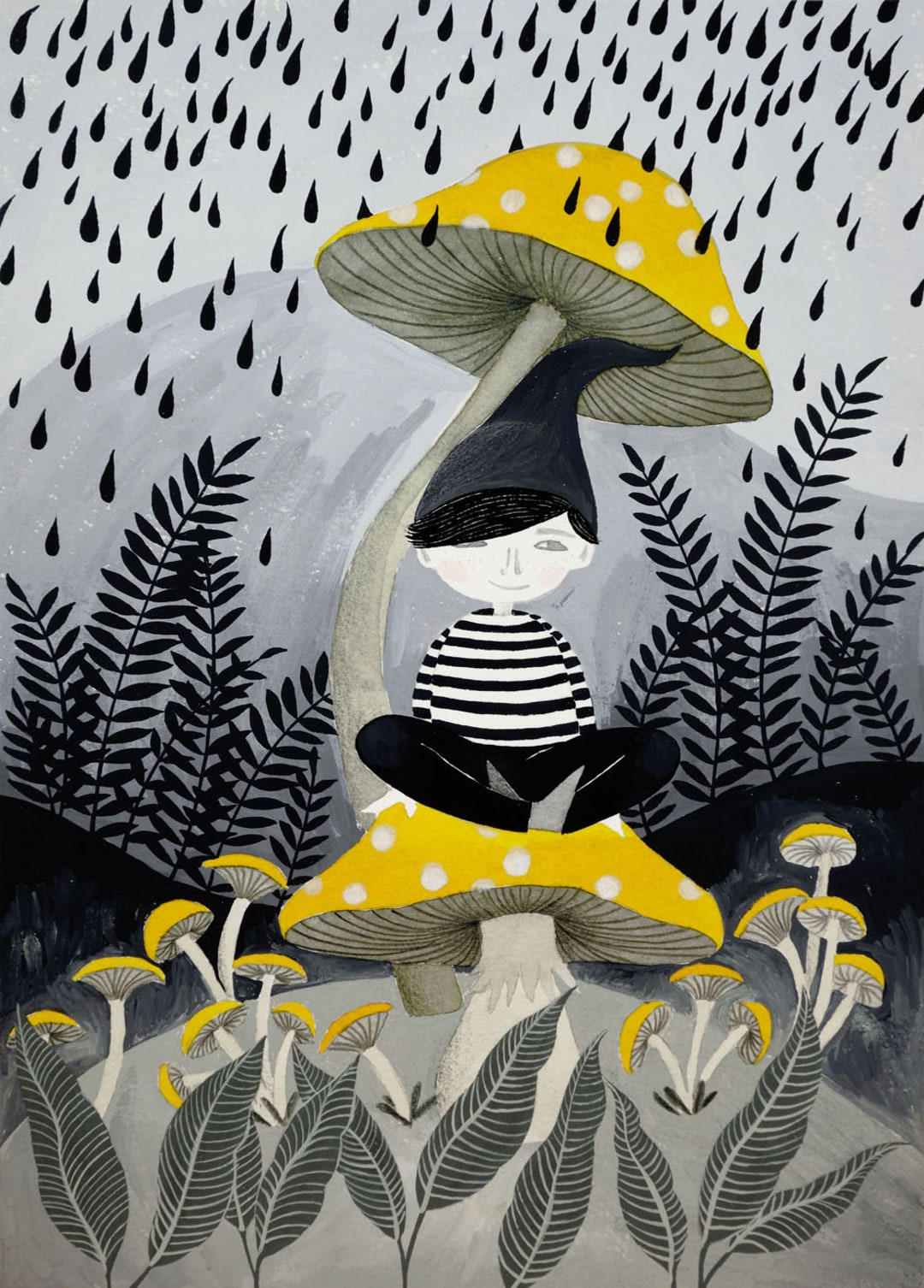 Boy Under a Yellow Mushroom in the Rain Wall Art Print for Kids Room by ...