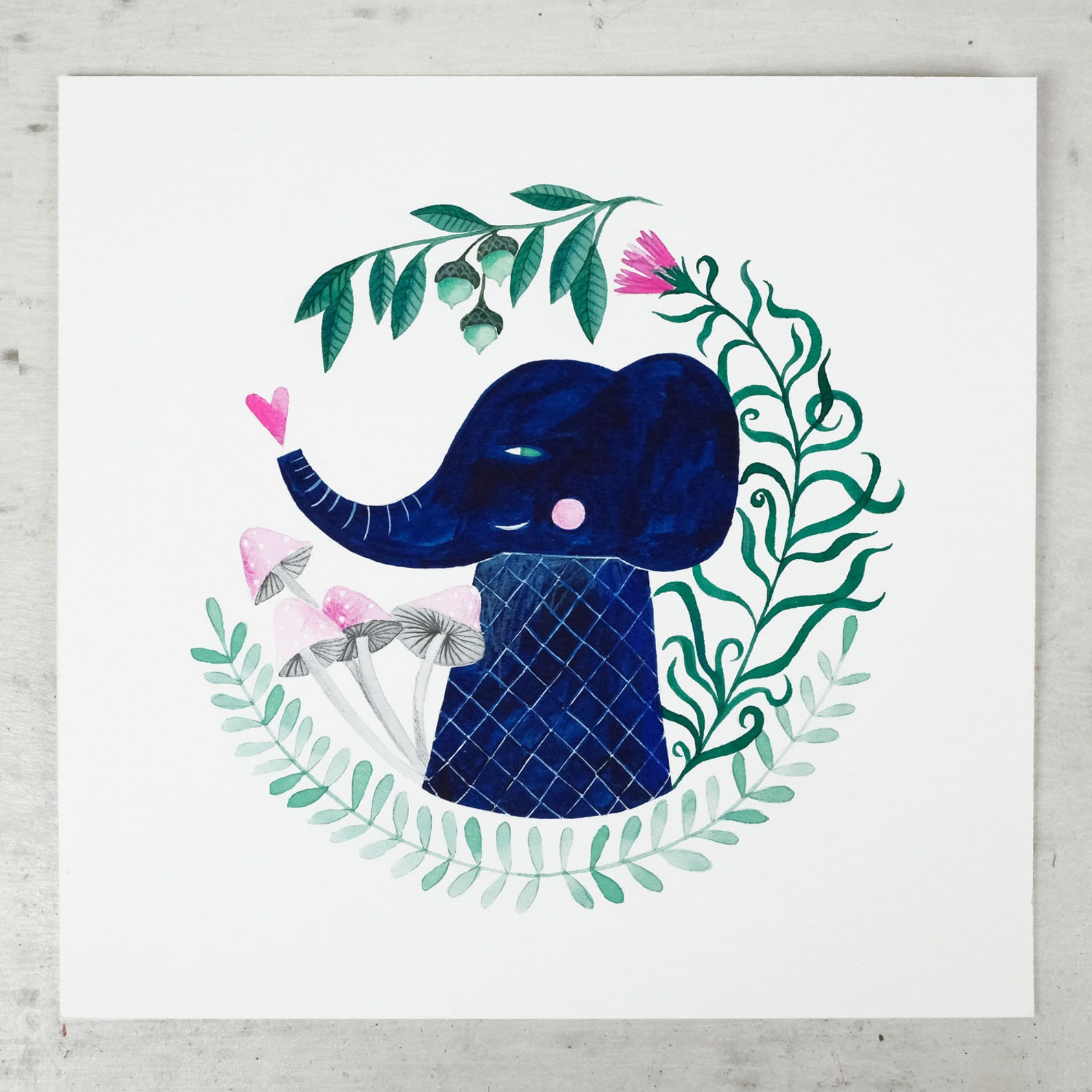 Indigo Elephant With Plants Original Watercolor Painting Illustration ...