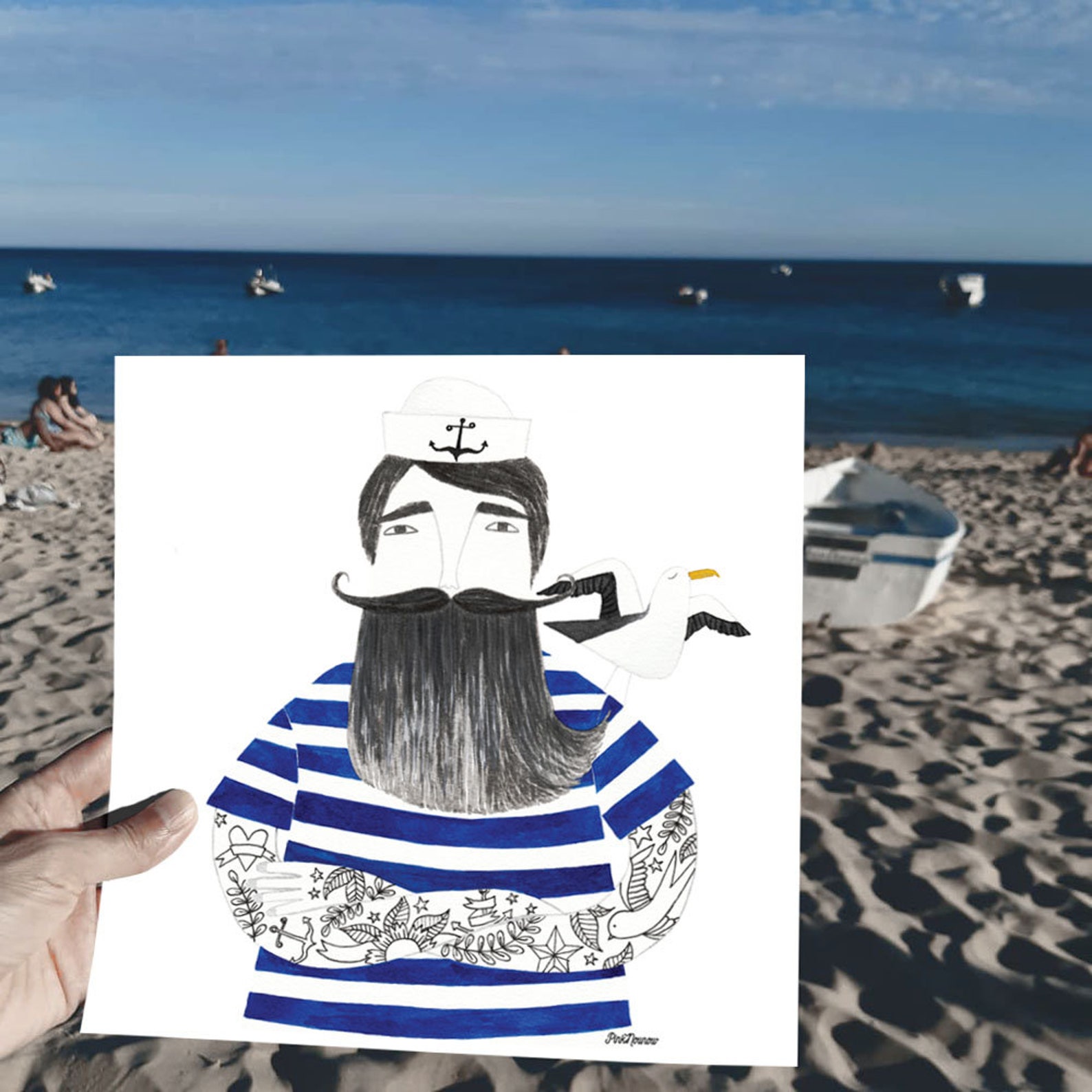 Sailor Portrait Tattoo Man in Indigo Stripes Nautical Wall Art Poster ...