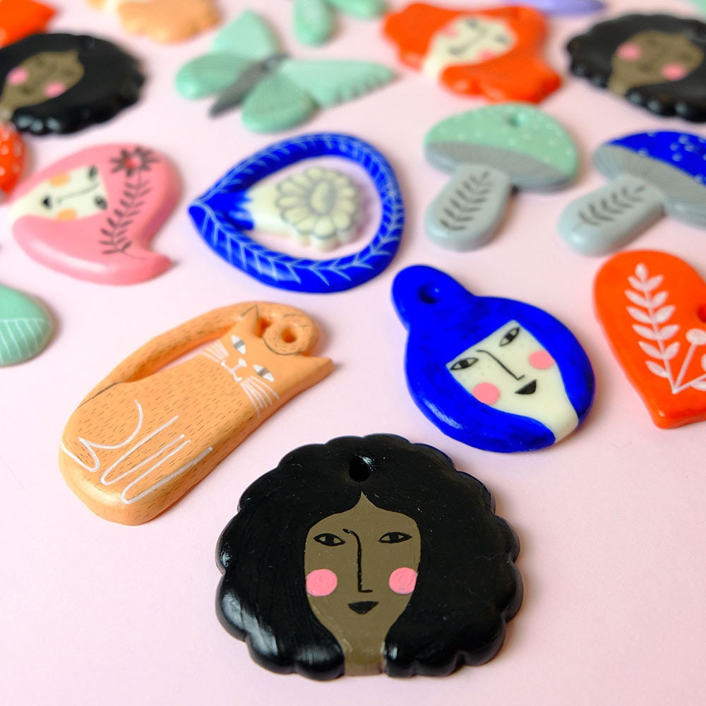 Handmade Polymer Clay Face Necklace, Modern Colorful Pendant - Etsy
