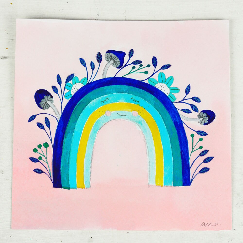 Arco iris índigo con flores original acuarela pintura - Etsy México