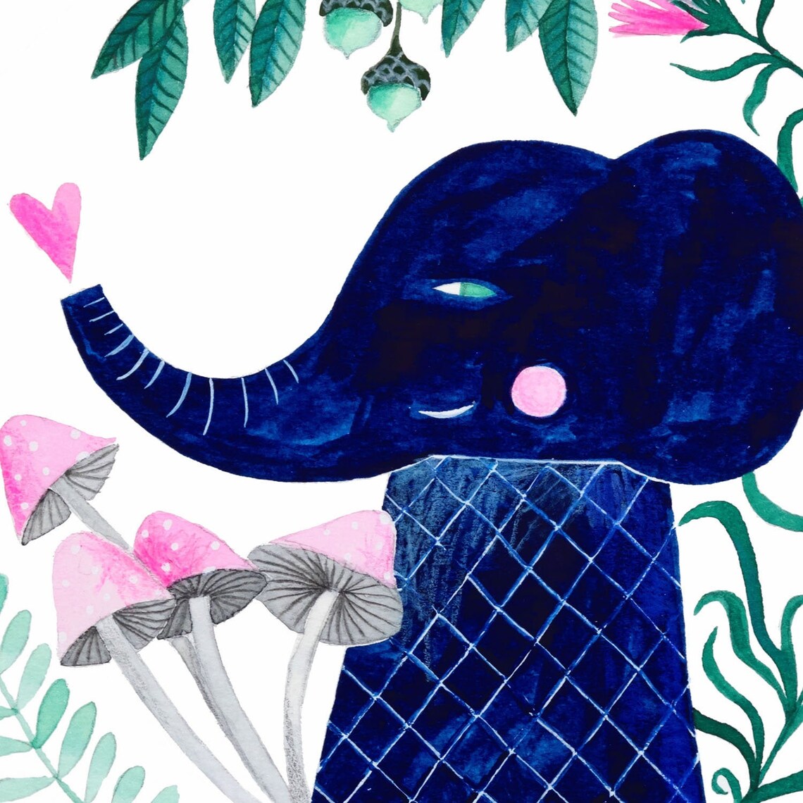 Indigo Elephant With Plants Original Watercolor Painting Illustration ...