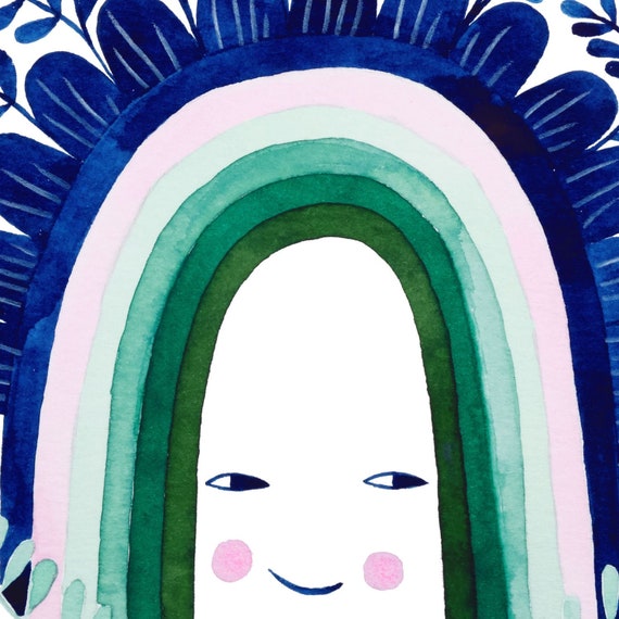 Indigo rainbow with flowers original watercolor painting | Etsy