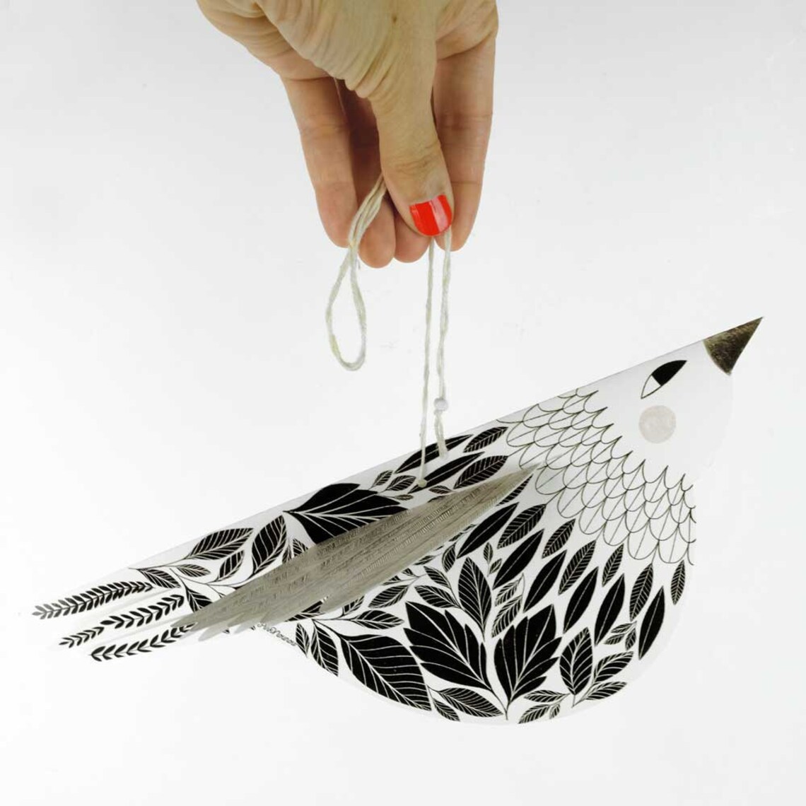 Illustrated Hand Cut Paper Bird With Black and White Leaves, a ...