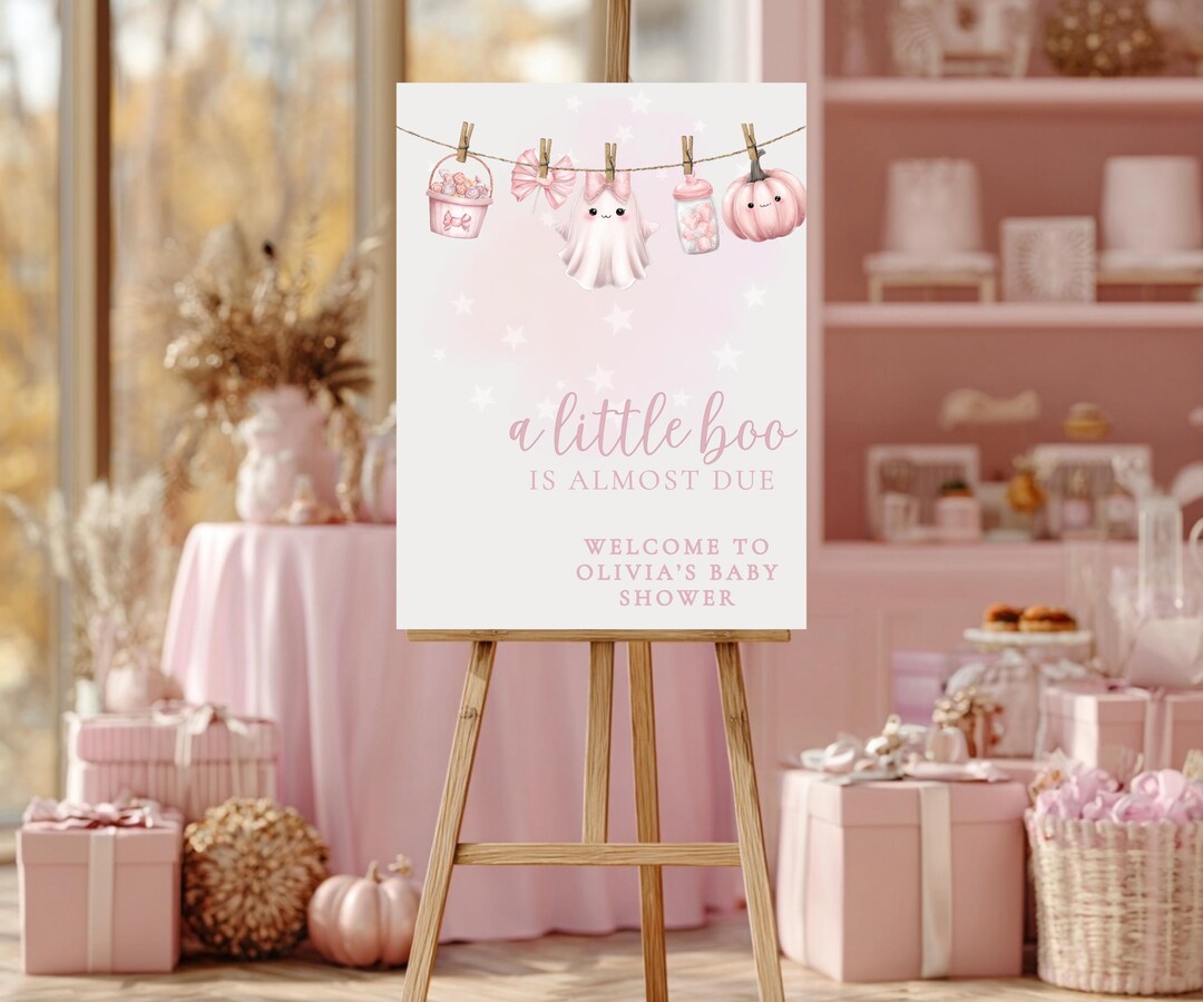 Little Boo Baby Shower Welcome Sign, Pink Ghost Theme (editable ...