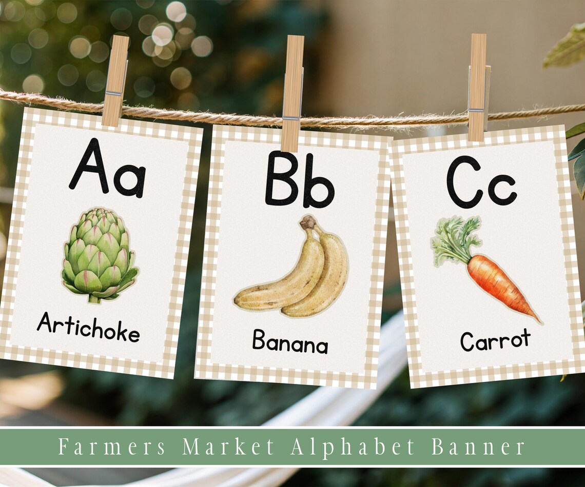 Fruits & Veggies Alphabet Banner, Locally Grown Baby Shower (printable ...
