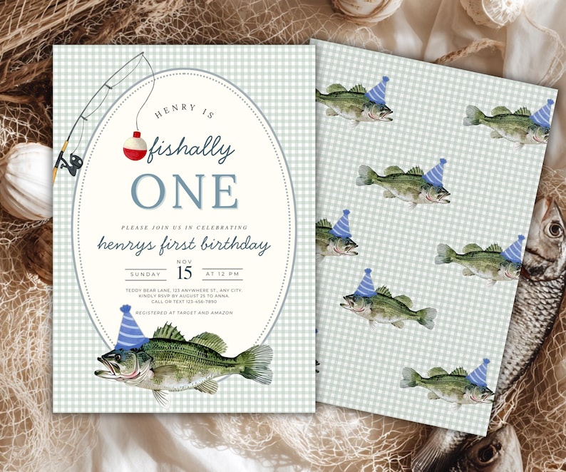 Fishing First Birthday Invitation, the Big One, O-fish-ally One ...