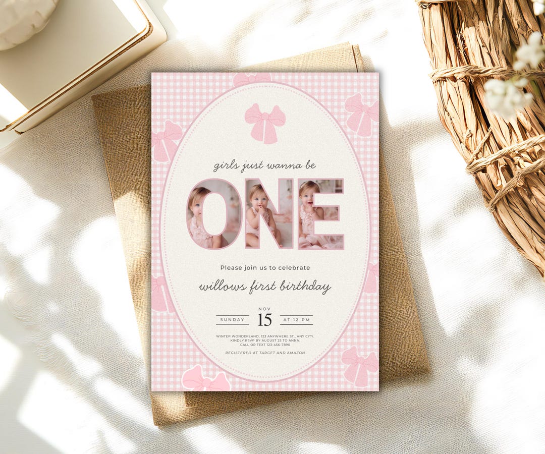 Girls Just Wanna Be One Birthday Invitation, Pink Bow Photo Invite ...